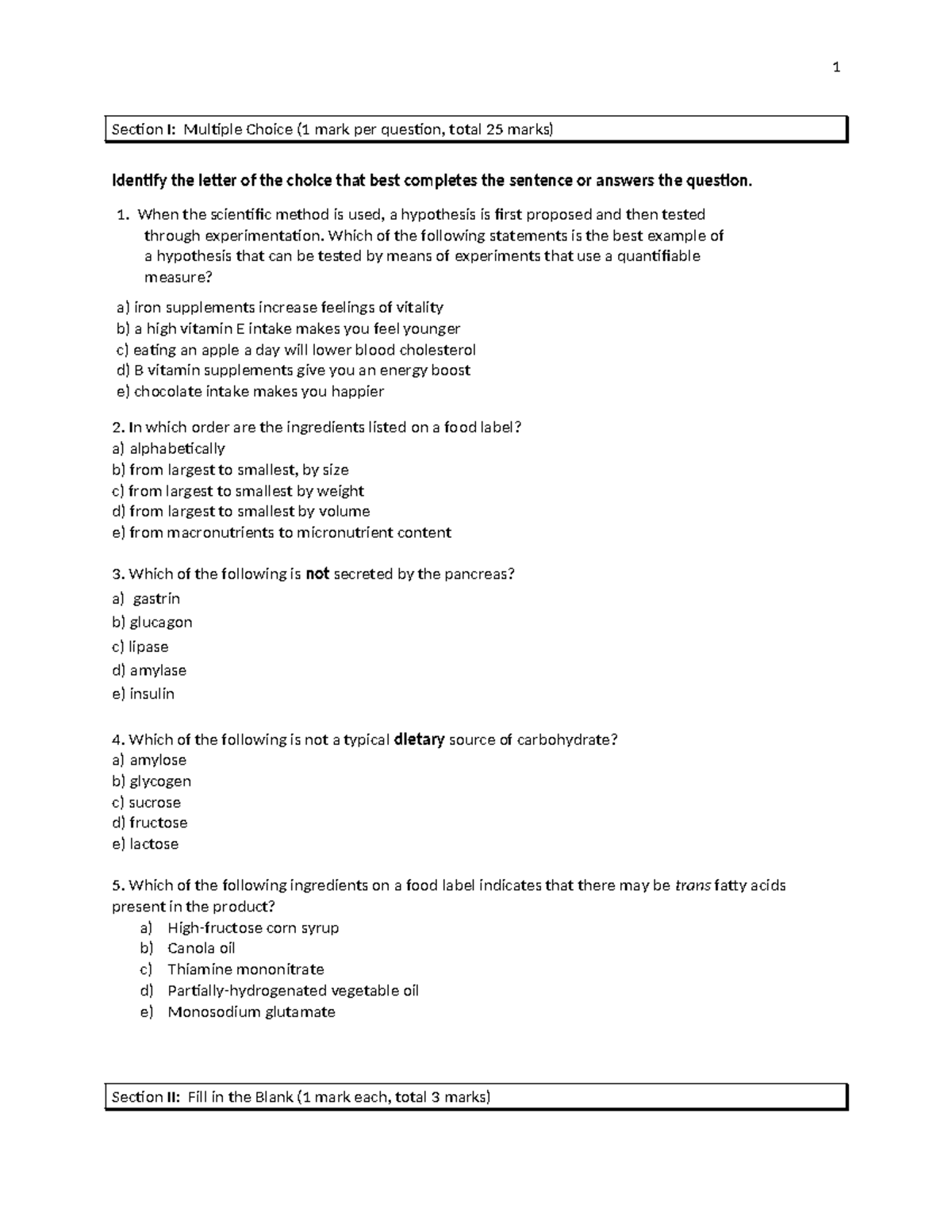 practice midterm FNH 200 - Year 2019-2020 - 1 Section I: Multiple ...