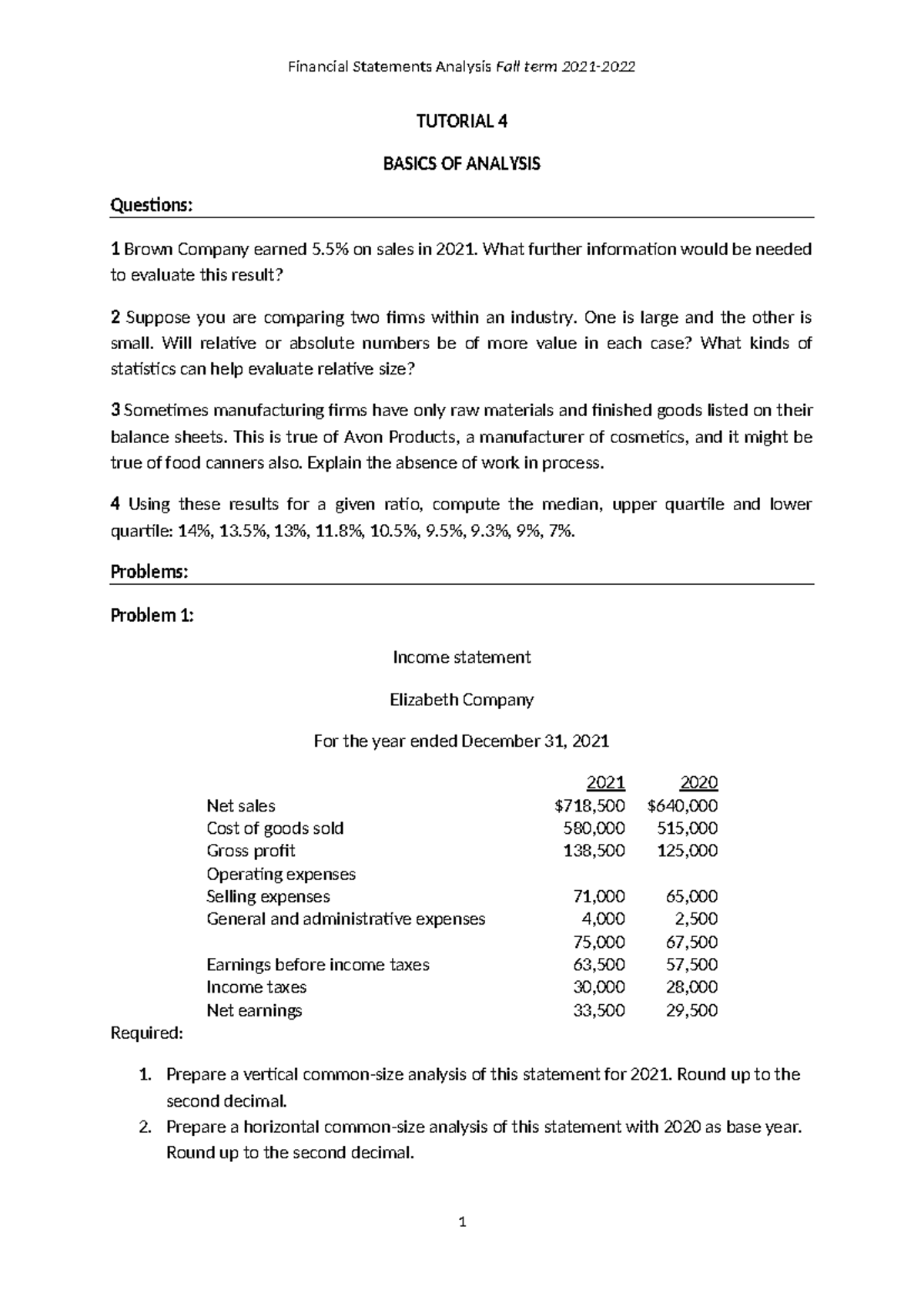 FSA Tutorial 4 fall 2021 - Financial Statements Analysis Fall term 2021 ...