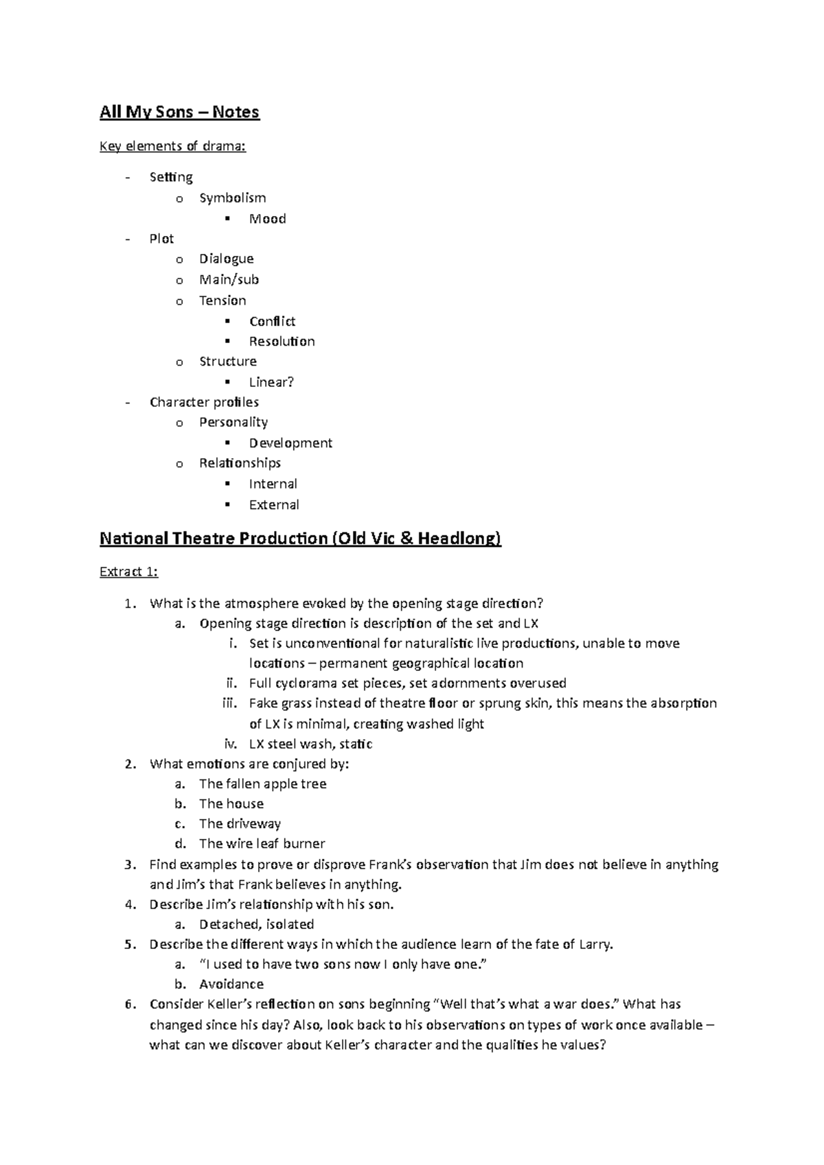 All My Sons Notes - All My Sons – Notes Key elements of drama: Setting ...