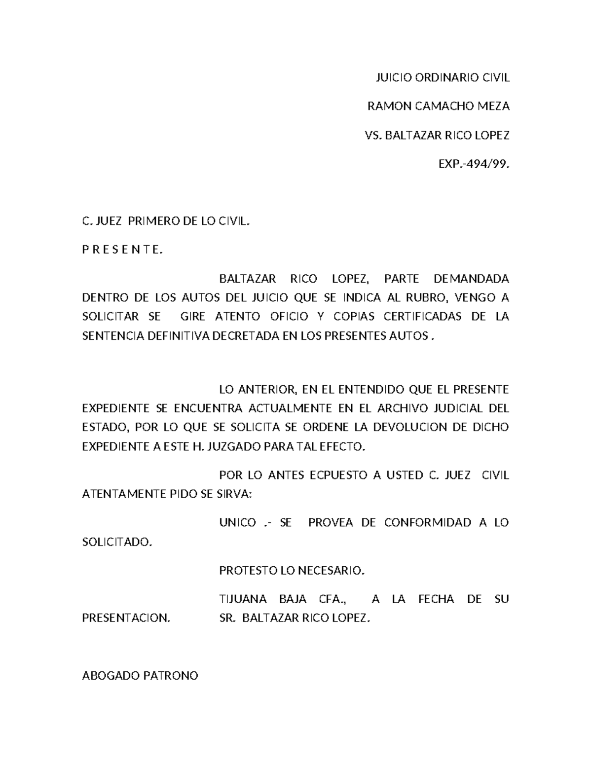 Juicio Ordinario Civil - JUICIO ORDINARIO CIVIL RAMON CAMACHO MEZA VS ...