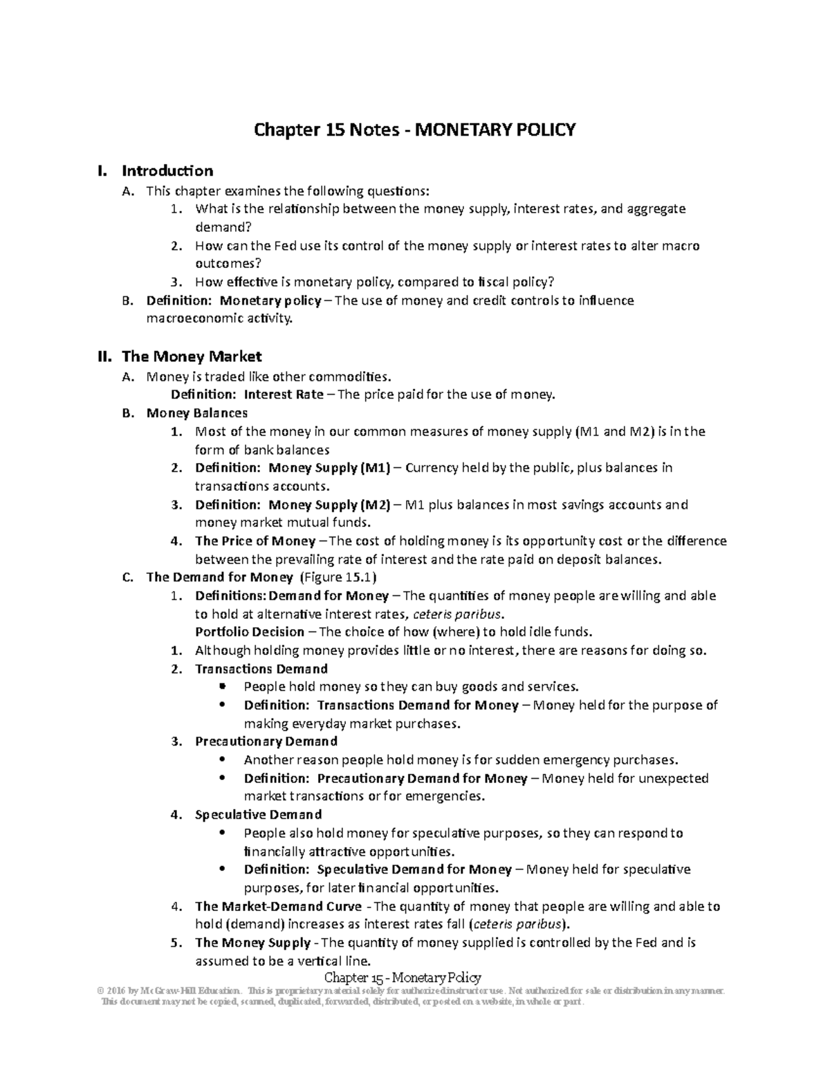 Chapter 15 Notes Accessible - Chapter 15 Notes - MONETARY POLICY I ...