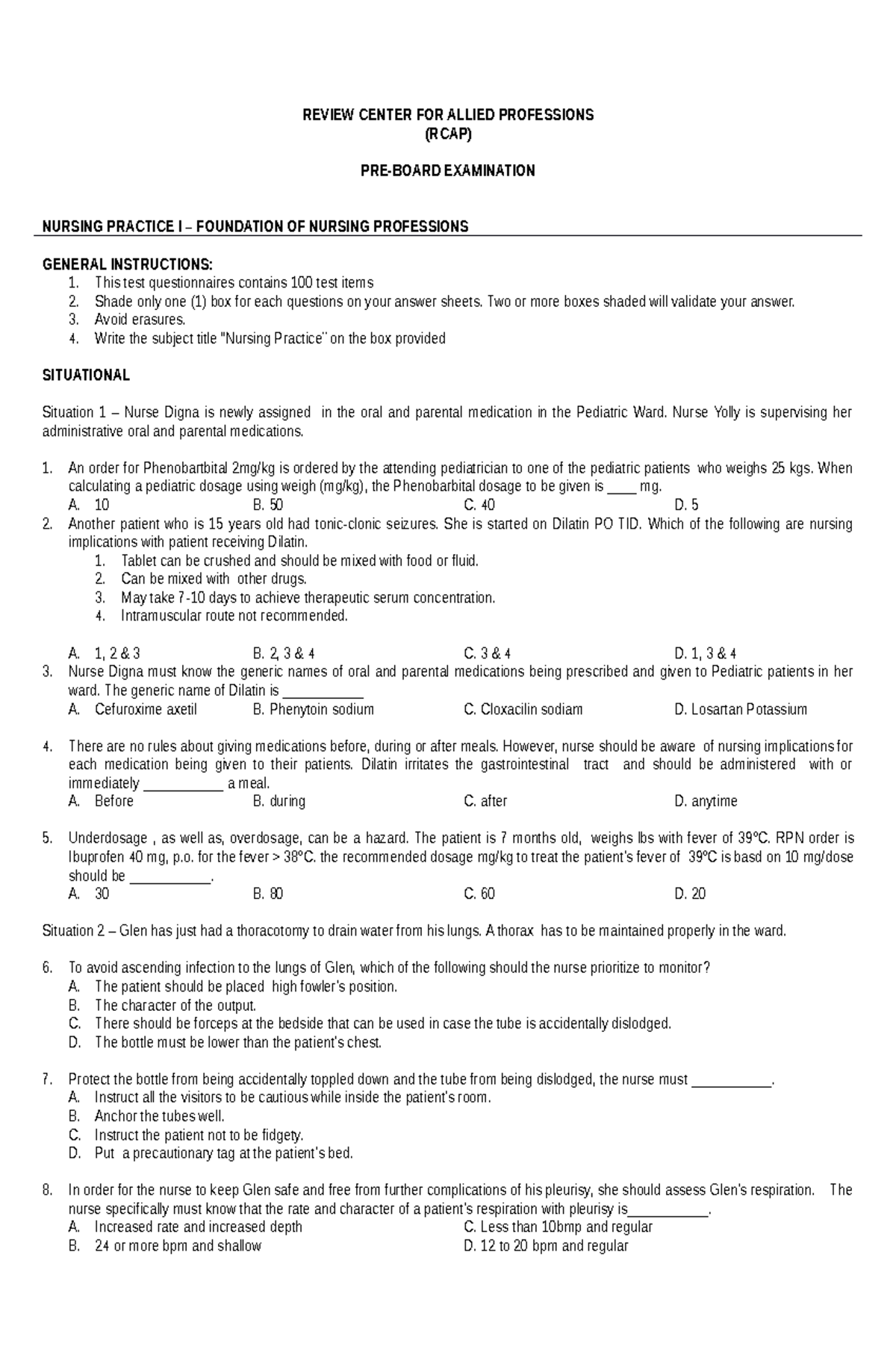 test bank for pratice - REVIEW CENTER FOR ALLIED PROFESSIONS (RCAP) PRE ...