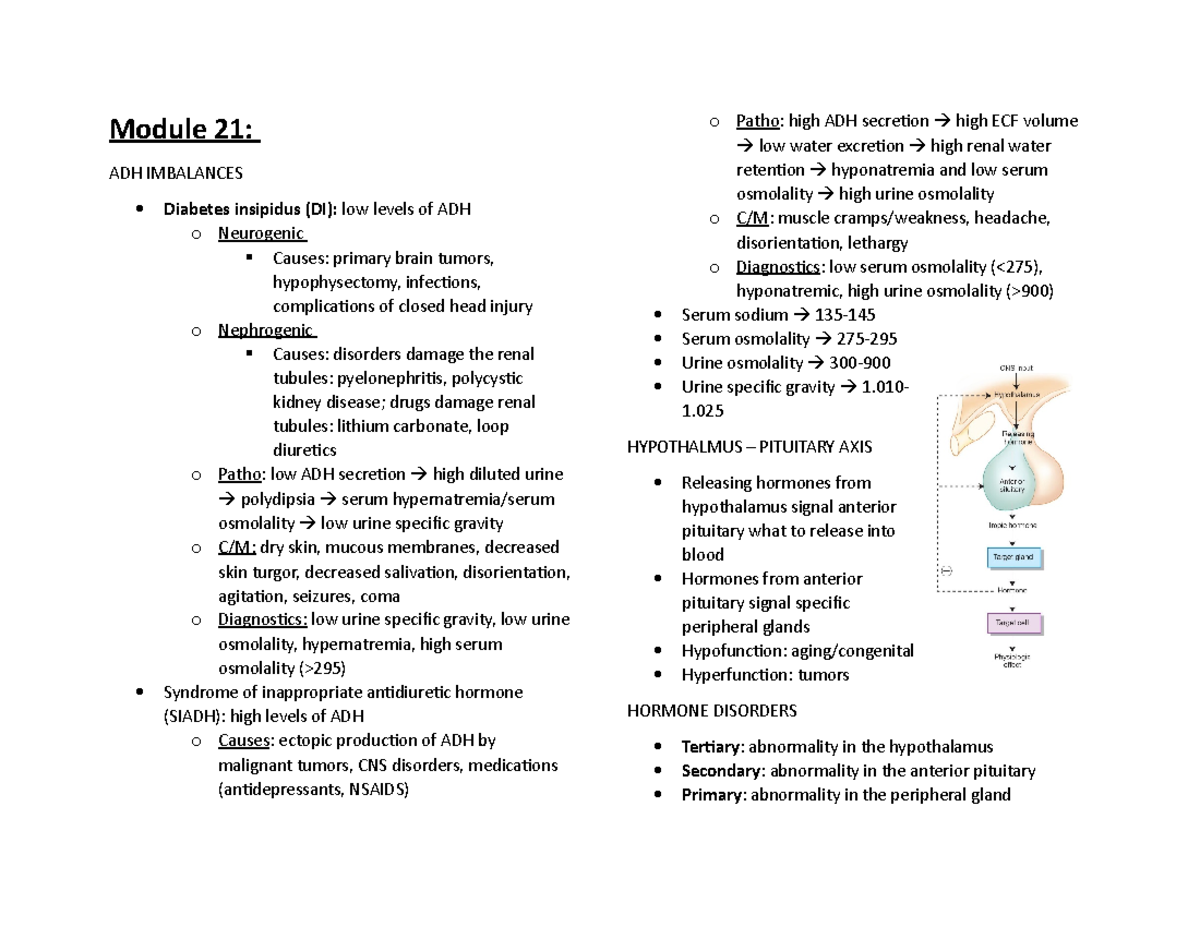 Module 21 Notes - Module 21: ADH IMBALANCES Diabetes insipidus (DI ...