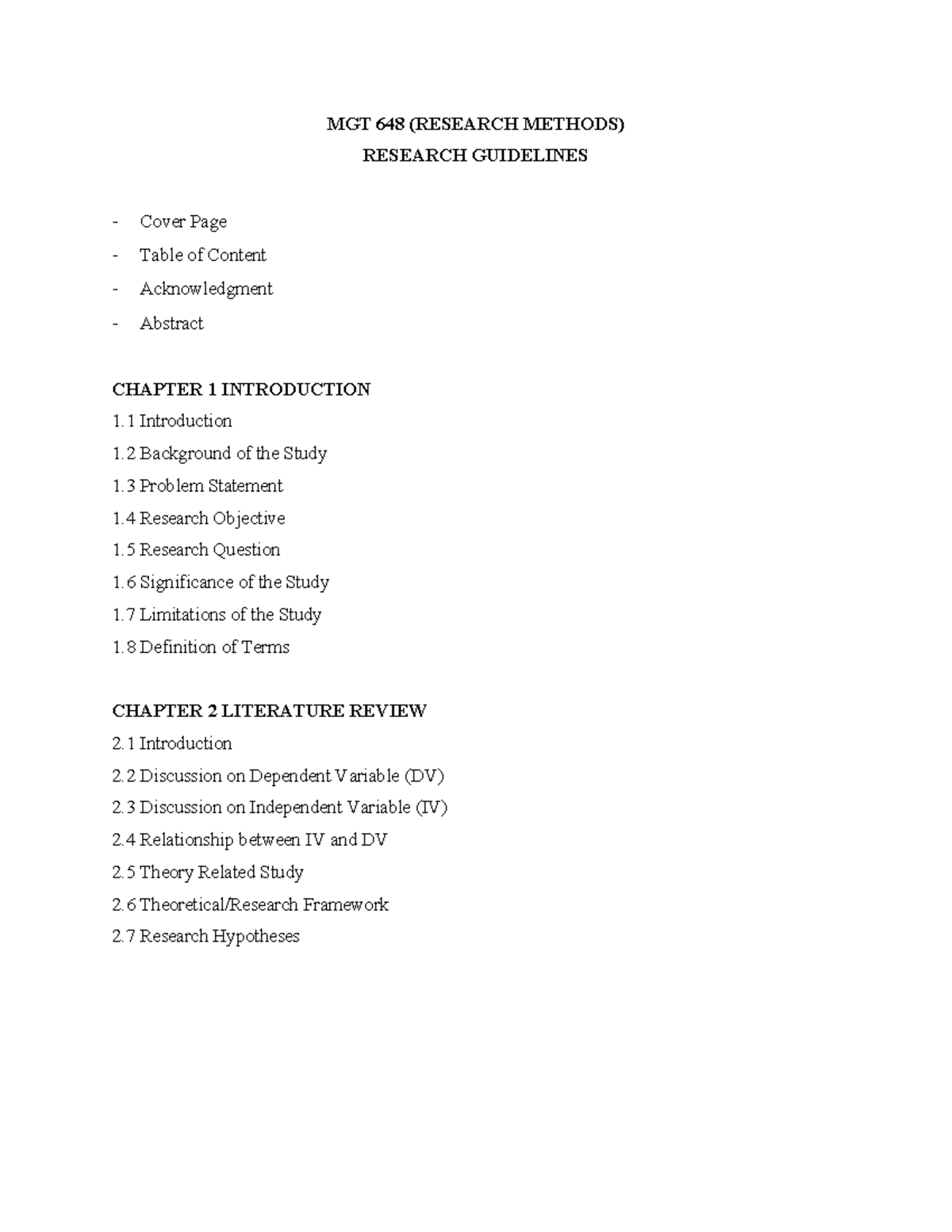 MGT 648 Research Guidelines - MGT 648 (RESEARCH METHODS) RESEARCH ...