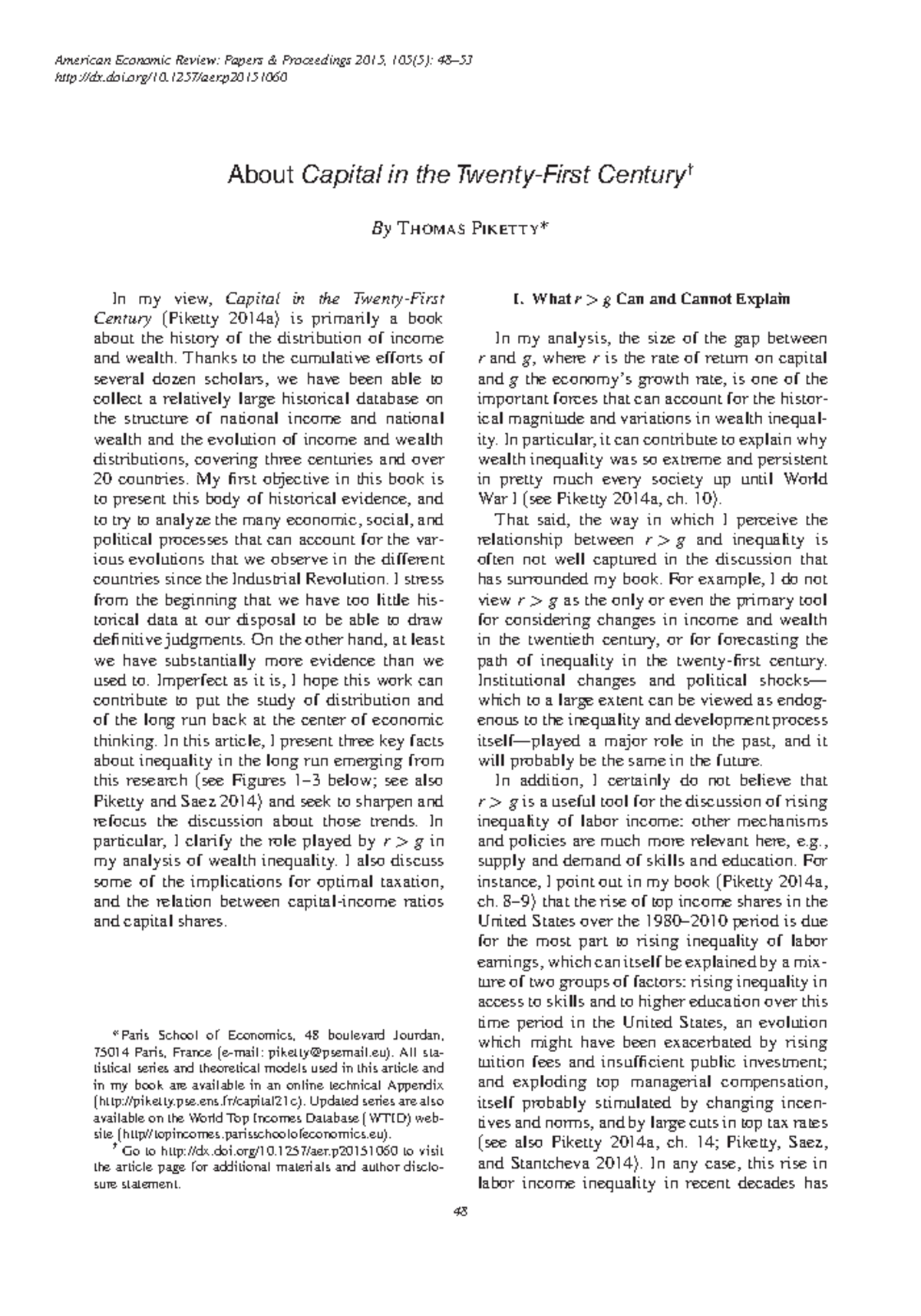 About Capital in the Twenty-First Century - 48 American Economic Review ...