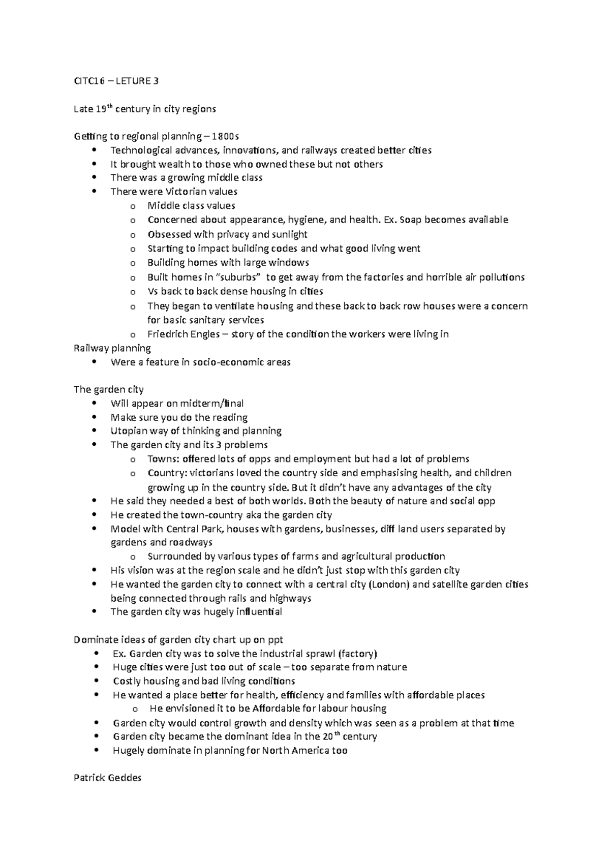 Citc16 - lecture 3 notes - CITC16 – LETURE 3 Late 19th century in city ...