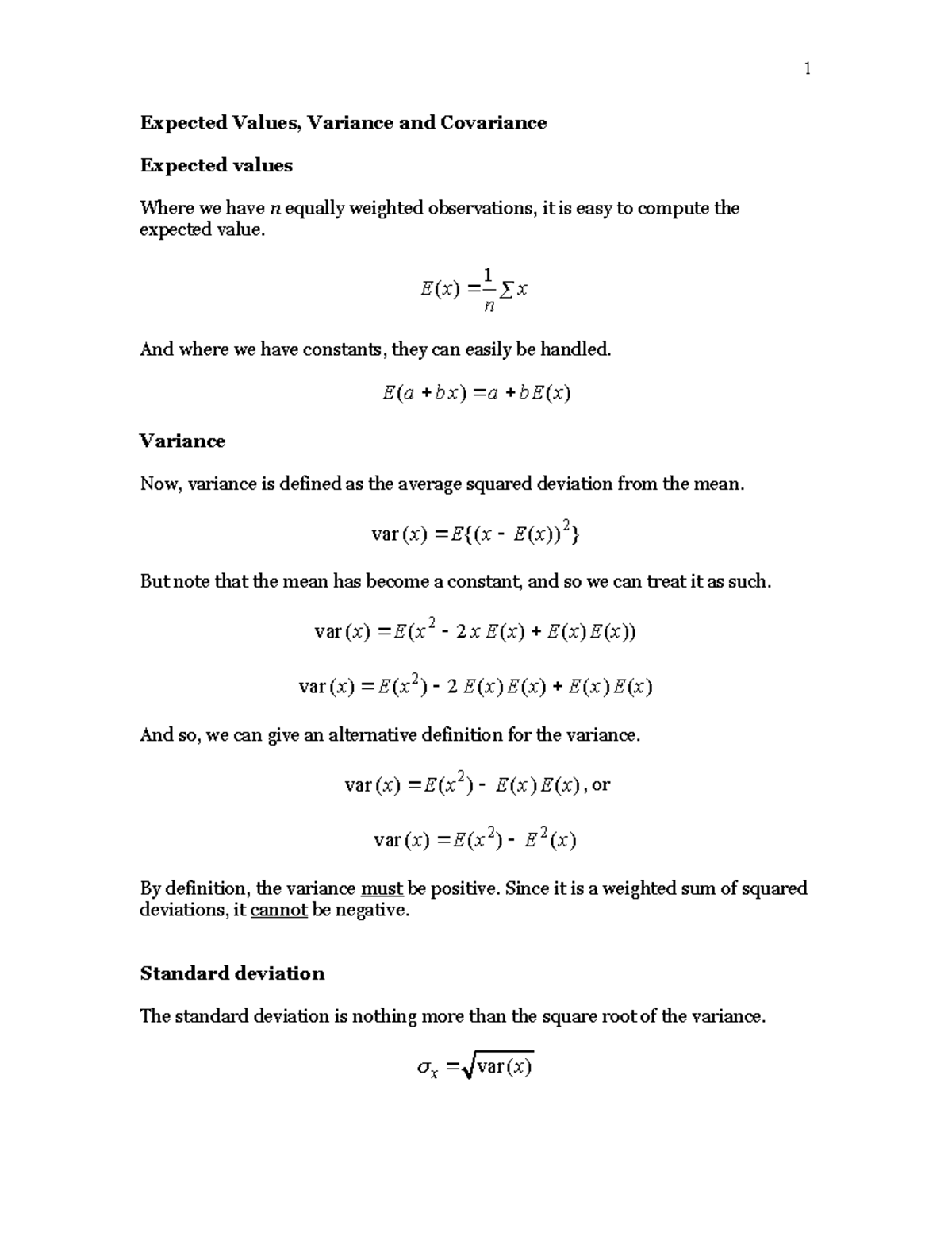 Expected Values, Variance and Covariance - 1 Expected Values, Variance ...