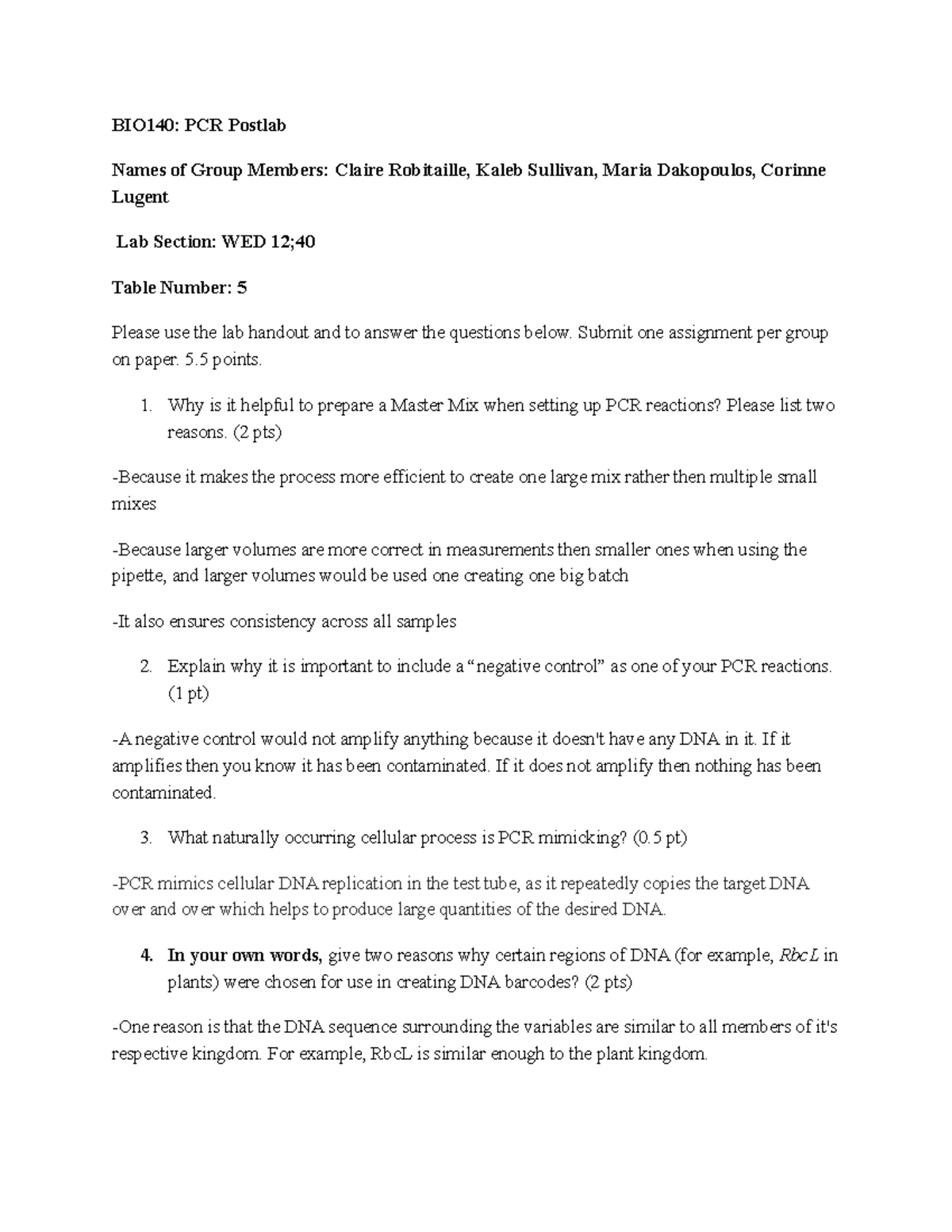 BIO140 PCR Postlab - notes from lab - BIO140: PCR Postlab Names of ...