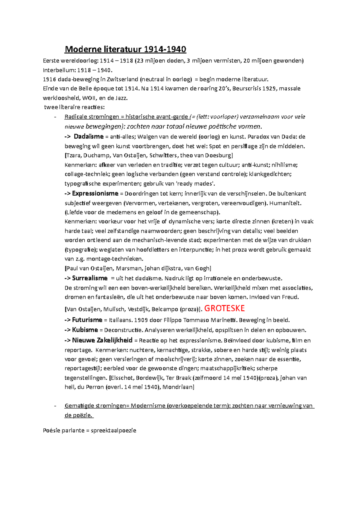 Moderne literatuur 1913 - Moderne literatuur Eerste wereldoorlog: 1914 ...