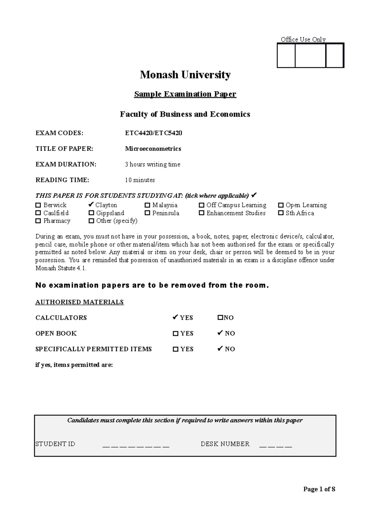 Exam 2016, questions - Office Use Only Monash University Sample ...