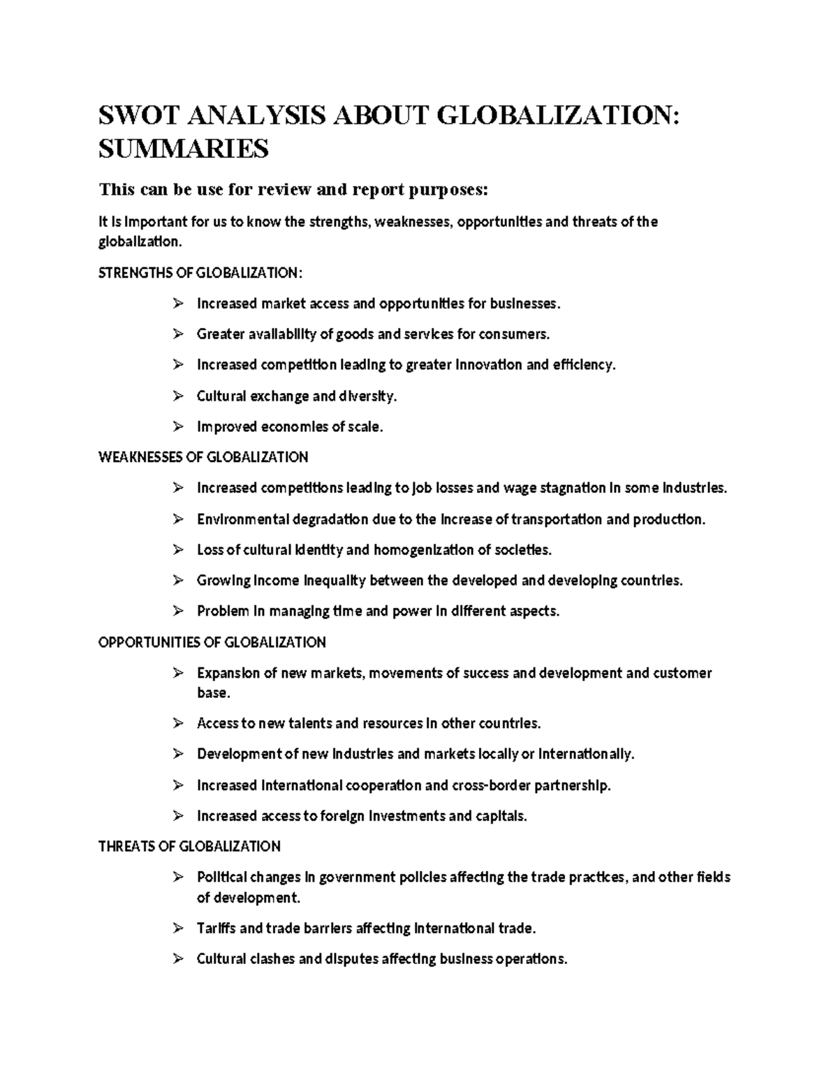 SWOT Analysis About Globalization - SWOT ANALYSIS ABOUT GLOBALIZATION ...