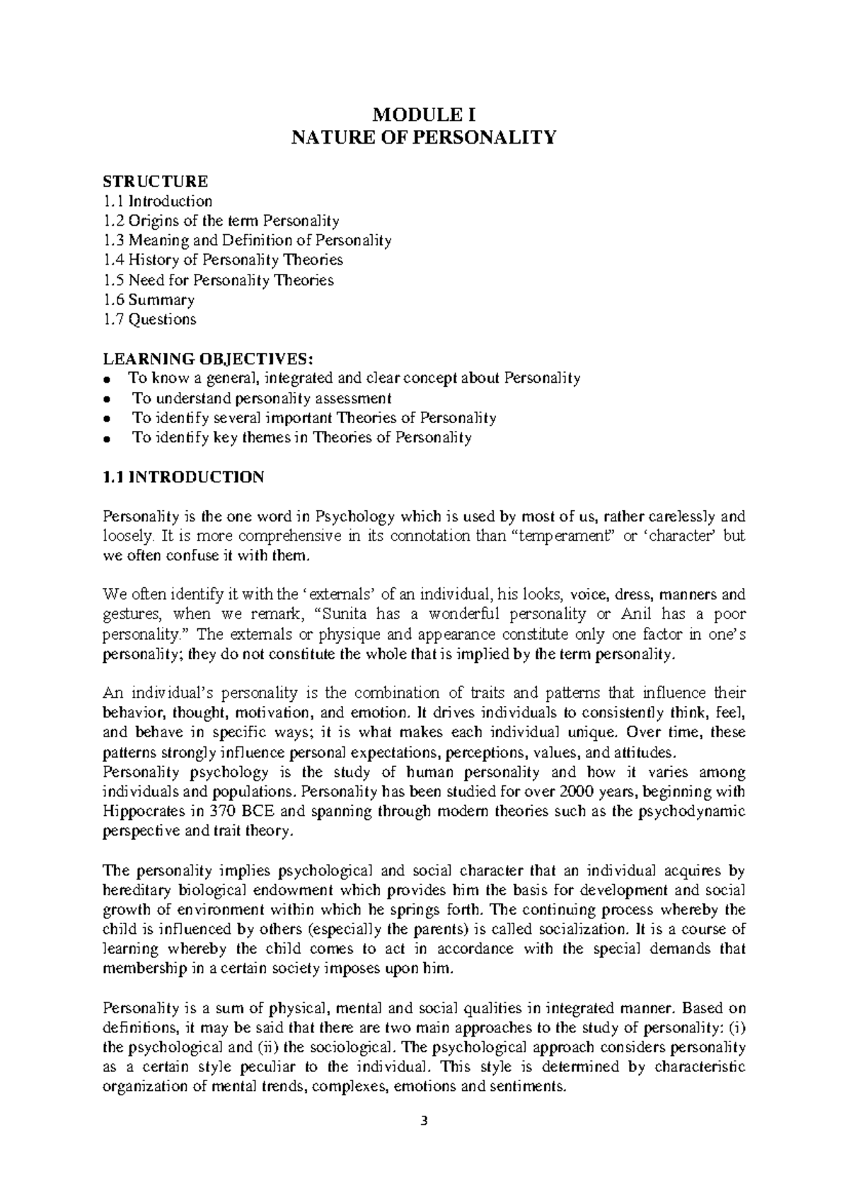M 1 Nature OF Personality - MODULE I NATURE OF PERSONALITY STRUCTURE 1 ...