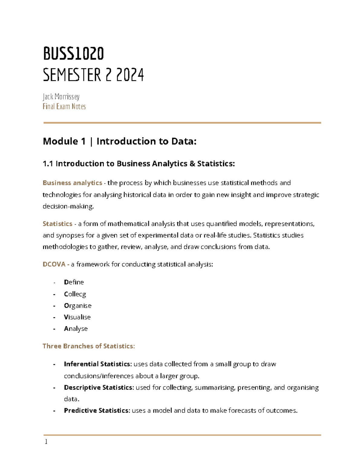 BUSS1020 notes - Modules 1-6 - BUSS SEMESTER 2 2024 Jack Morrissey ...
