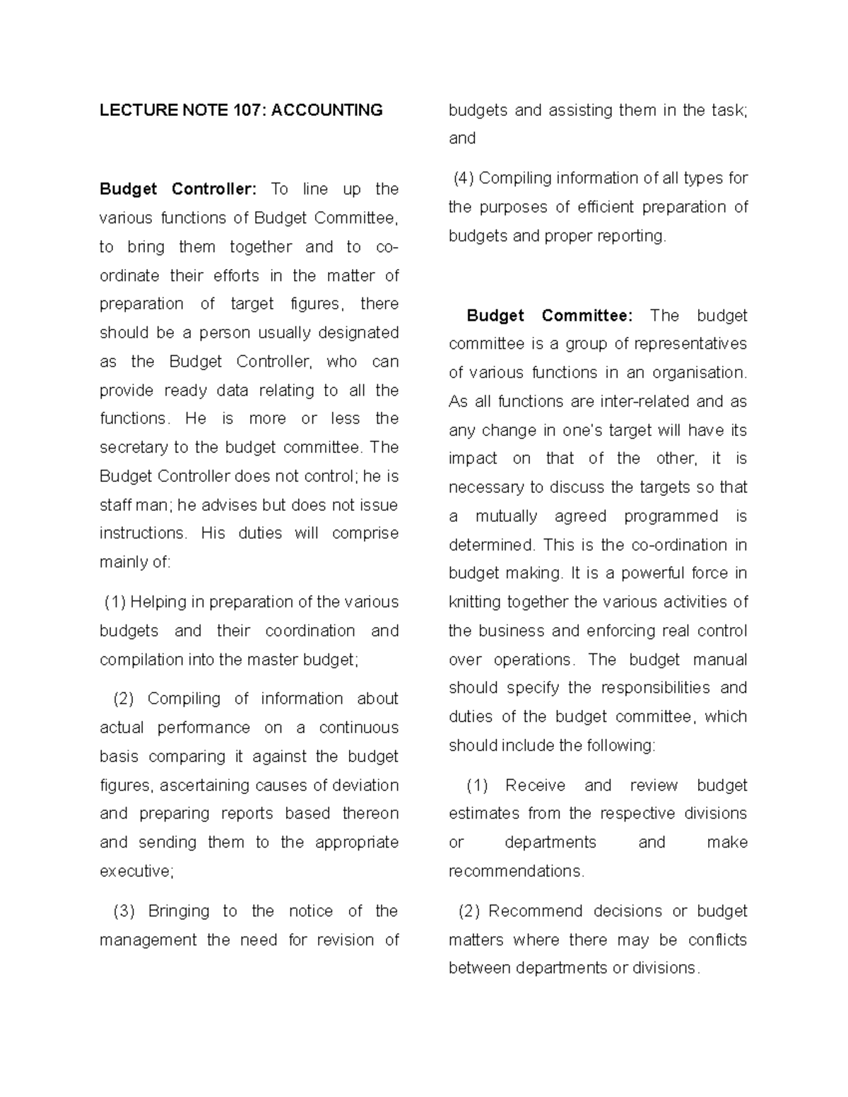 107 Lesson Notes in Accounting - LECTURE NOTE 107: ACCOUNTING Budget ...