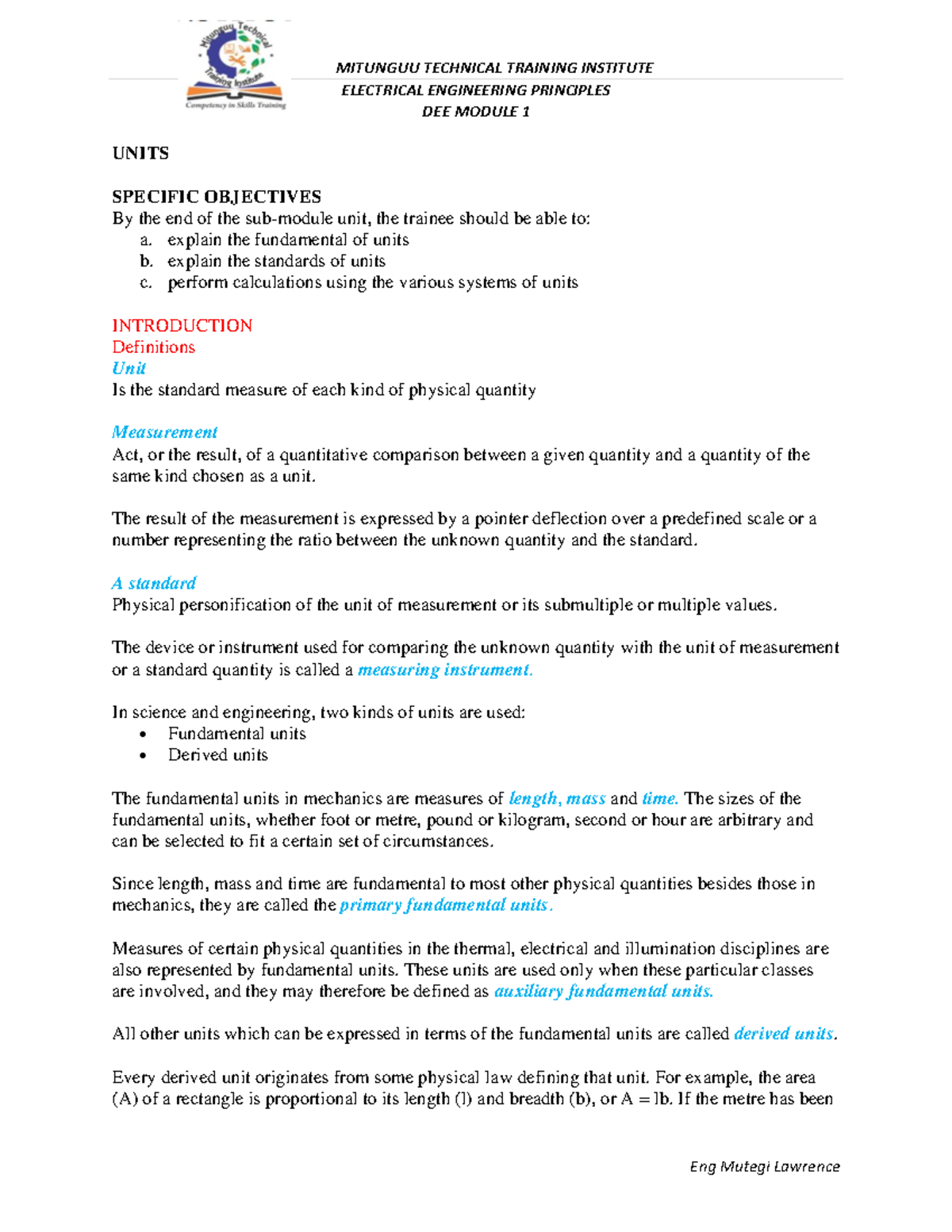 EMFD Units Notes - ELECTRICAL ENGINEERING PRINCIPLES DEE MODULE 1 UNITS ...