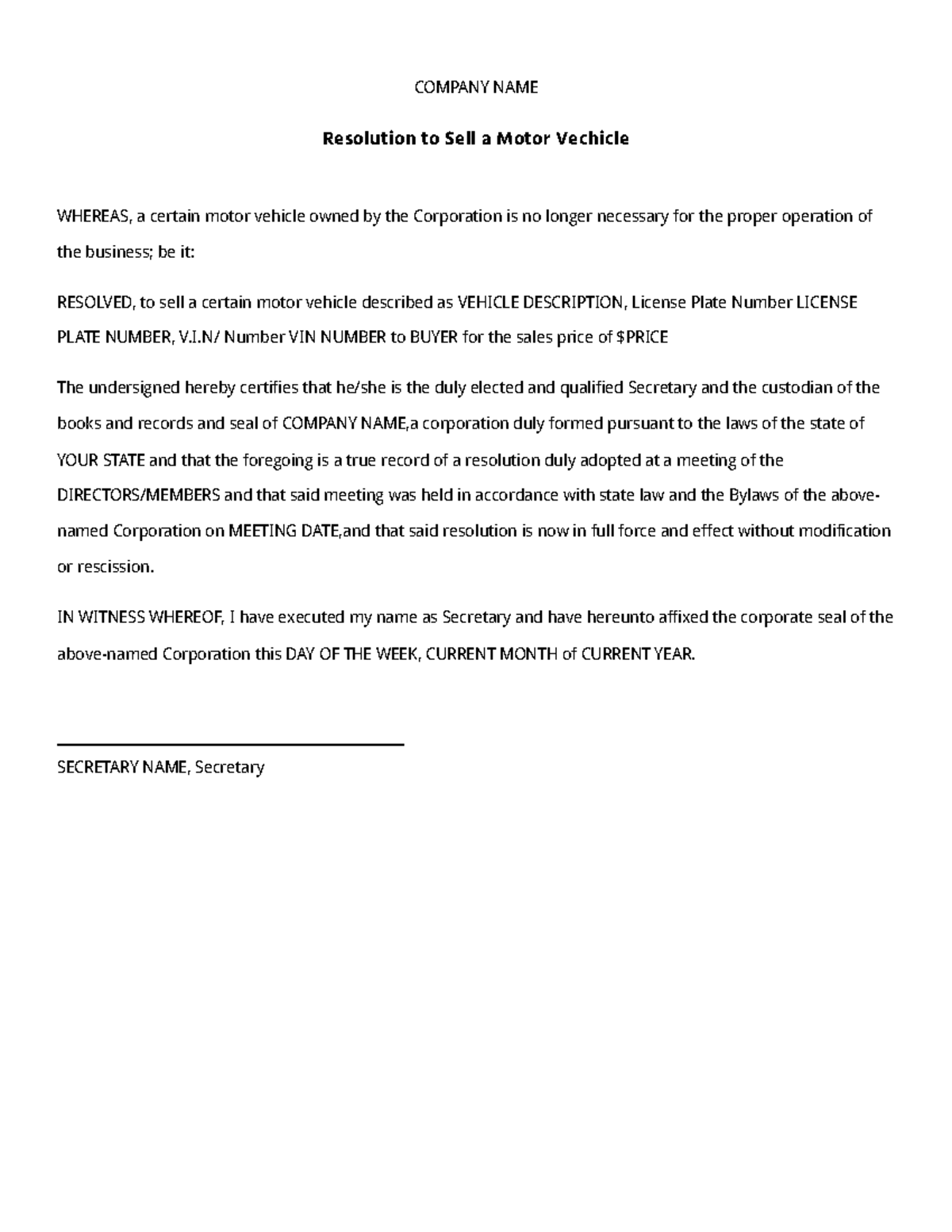 Editable Resolution to Sell a Motor Vechicle - COMPANY NAME Resolution ...