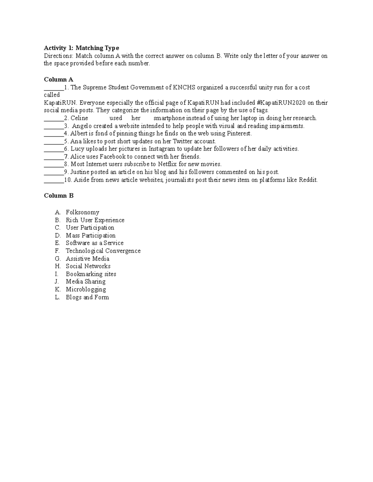 Activity - Matching type - Activity 1: Matching Type Directions: Match column A with the correct ...
