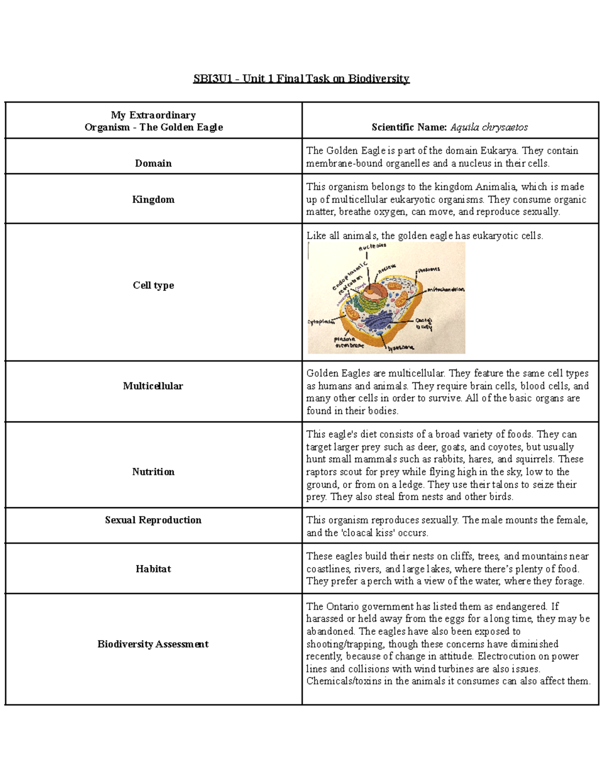 Unit 1 Final Task on Biodiversity - SBI3U1 - Unit 1 Final Task on ...