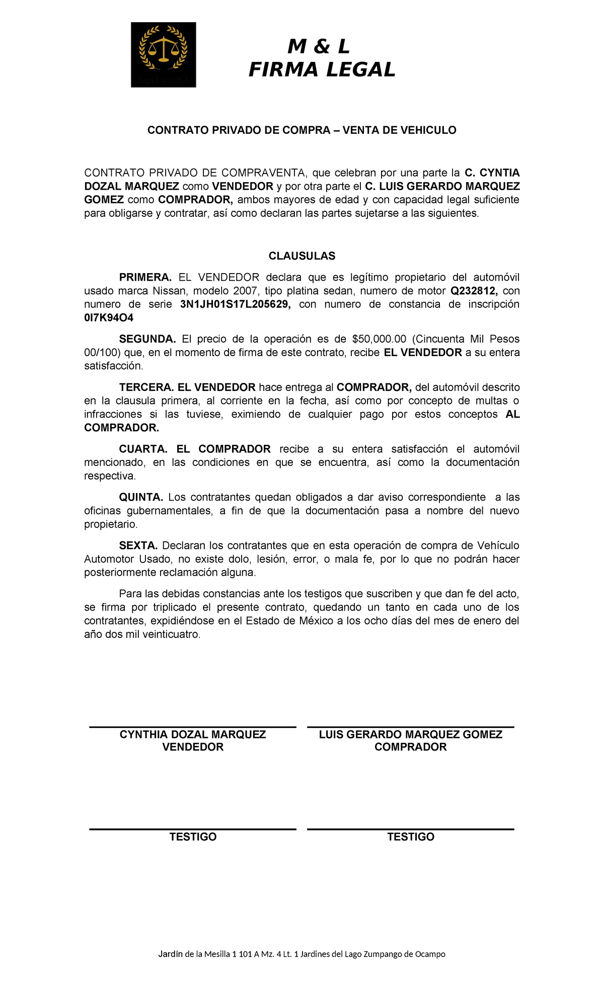 Contrato Carro - copia - M & L FIRMA LEGAL CONTRATO PRIVADO DE COMPRA ...