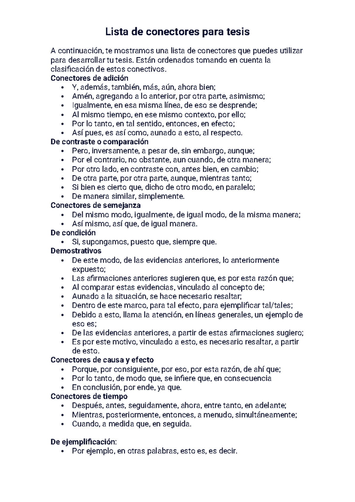 Lista de conectores para tesis - Están ordenados tomando en cuenta la ...