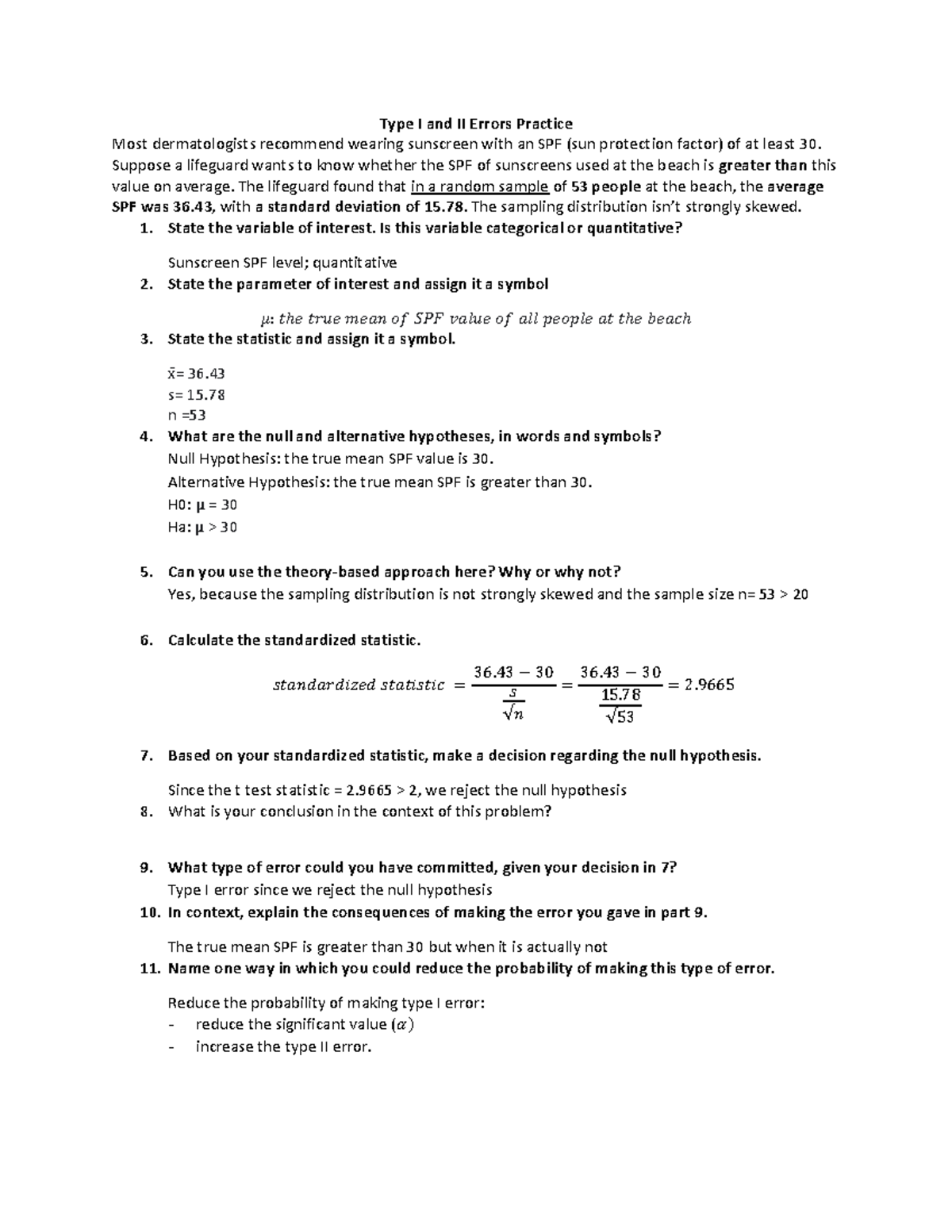 Type I and II Errors Practice - Suppose a lifeguard wants to know ...