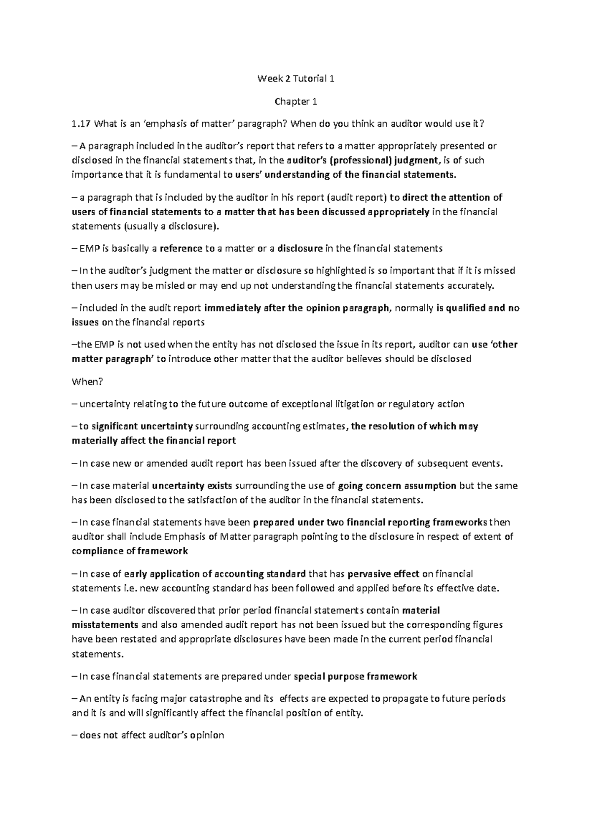 Week 2 Tutorial 1 - Week 2 Tutorial 1 Chapter 1 1 What is an ‘emphasis of ma琀琀er’ paragraph ...