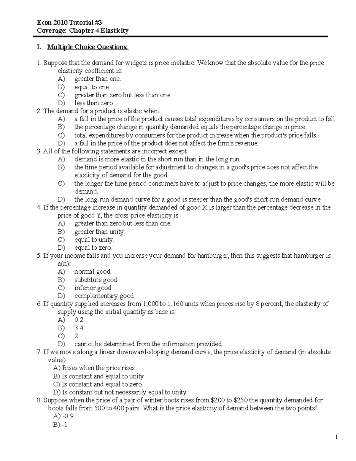 Econ 2010 Tutorial Coverage: Chapter 4 Elasticity I - Studocu
