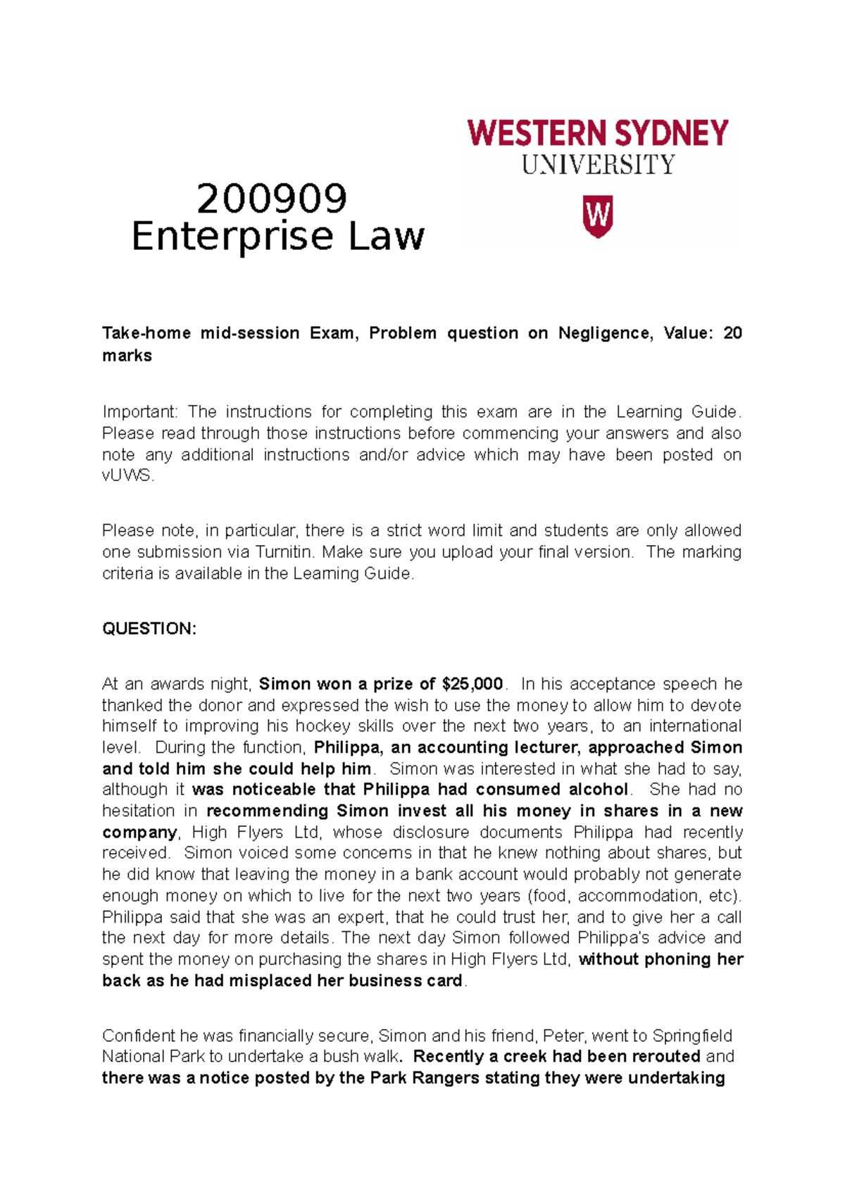 Negligence Mid Sem take home - 200909 Enterprise Law Take-home mid ...