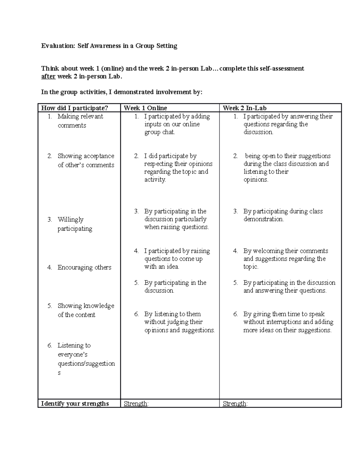 Week 2 Part 2 Prelab Homework - Evaluation: Self Awareness in a Group ...