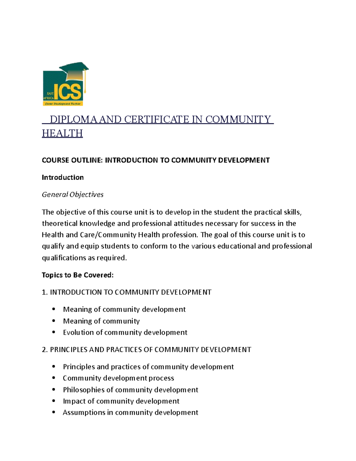 Community Development - DIPLOMA AND CERTIFICATE IN COMMUNITY HEALTH ...