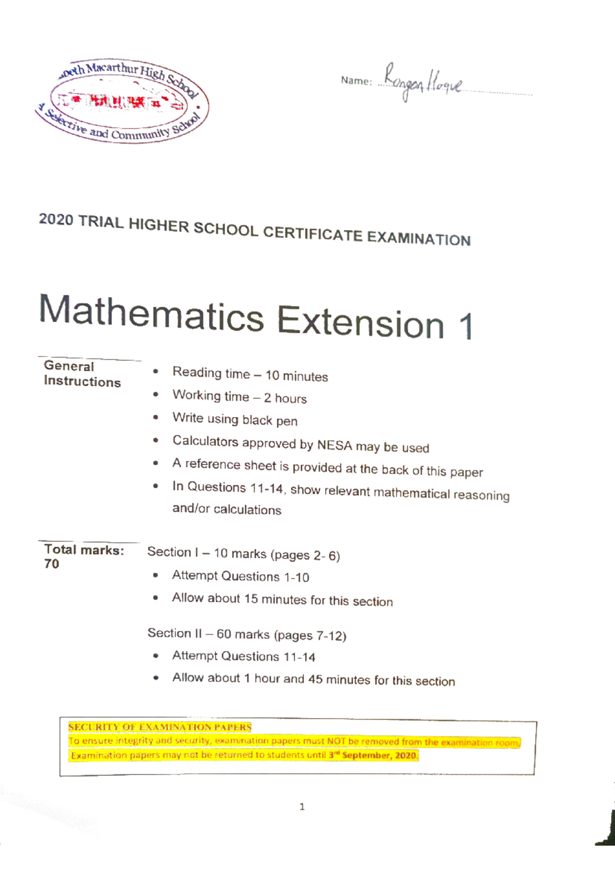 Ext1 Maths Trial - MATH - Studocu