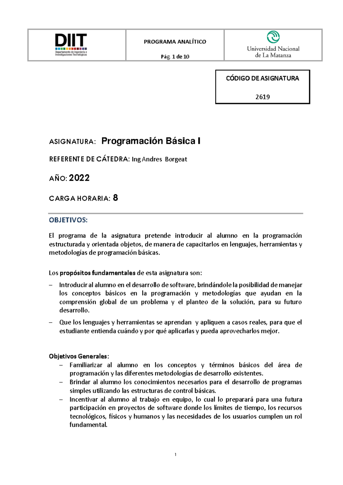 2619 Programacion-Basica-I 2022 1 - Pág. 1 de 10 ASIGNATURA: Programación Básica I REFERENTE DE ...