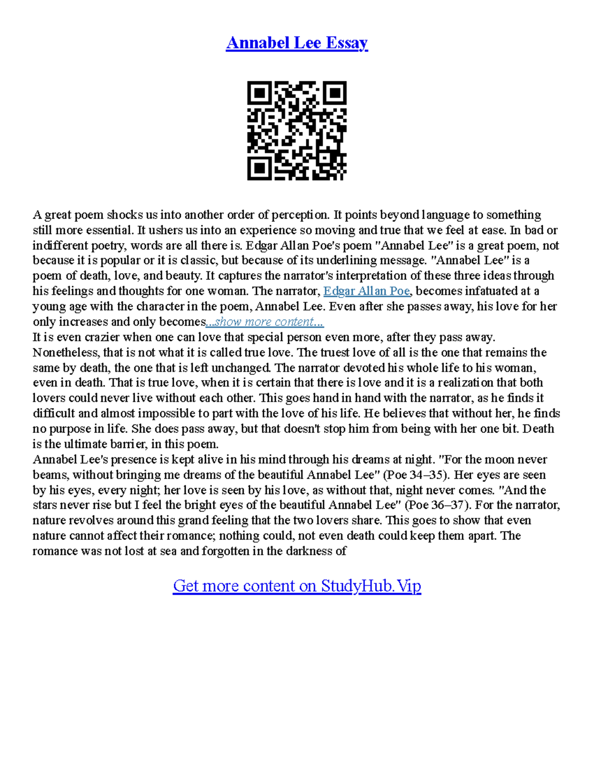 Annabel Lee Essay - It points beyond language to something still more ...