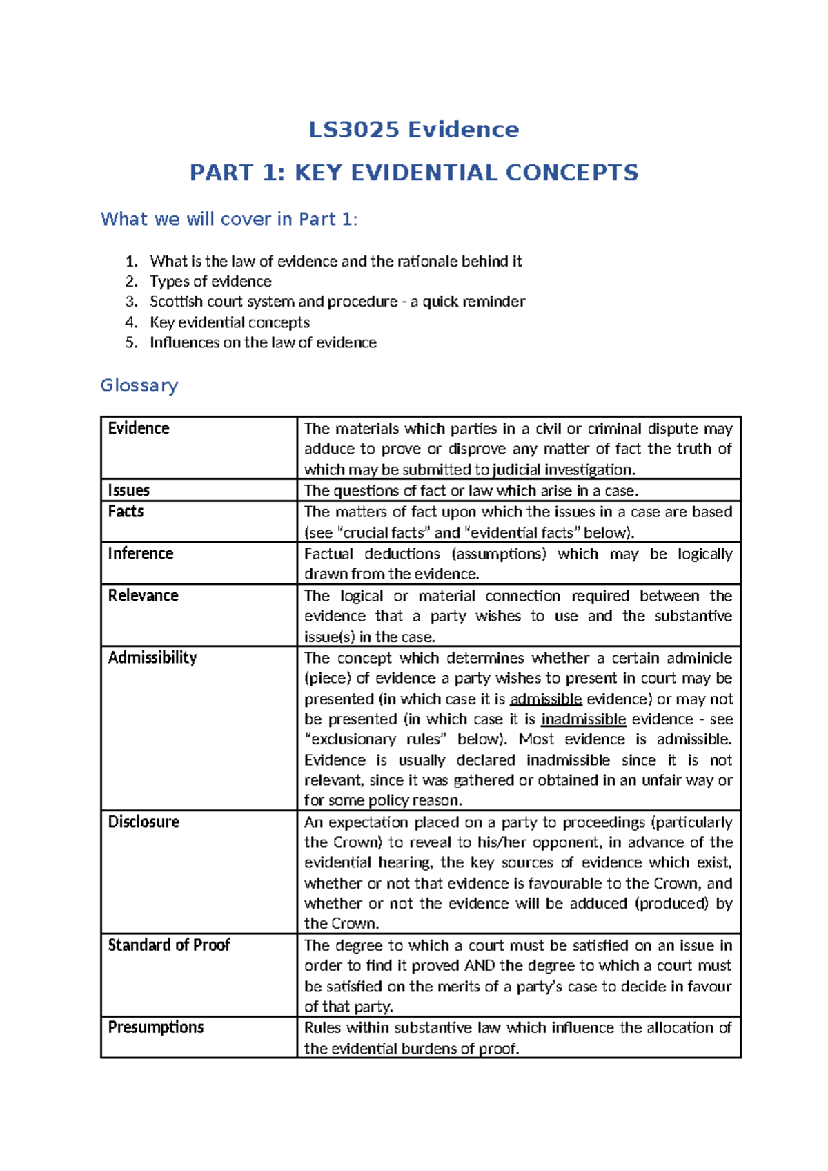 Part 1 Handout - LS3025 Evidence PART 1: KEY EVIDENTIAL CONCEPTS What ...