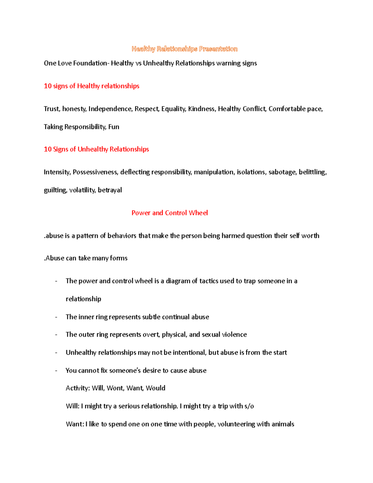 Healthy Relationships Presentation - abuse is a pattern of behaviors ...