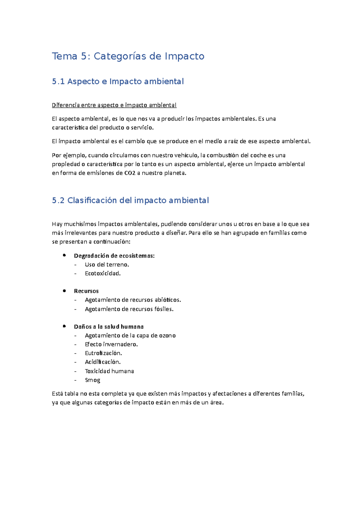 Tema 5: Impactos ambientales y categorías de impacto y todas sus ...