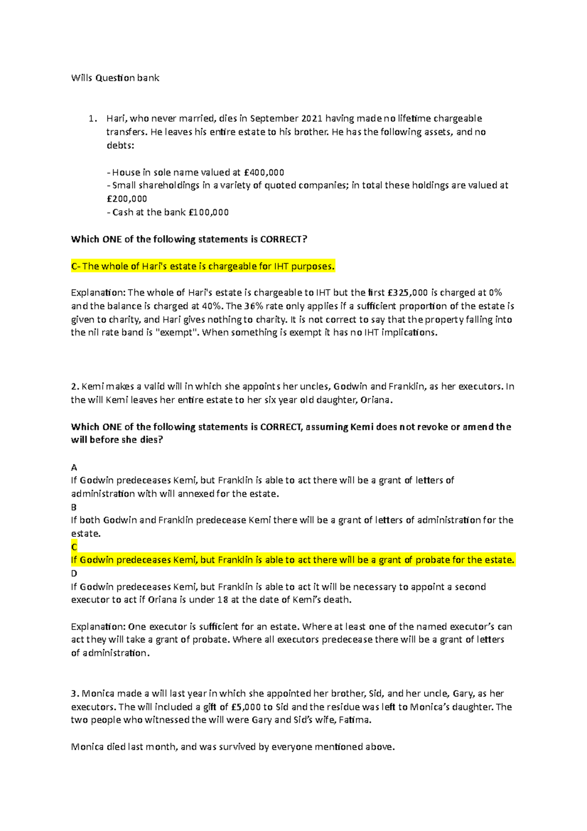 Wills Question bank - Wills Question bank Hari, who never married, dies ...