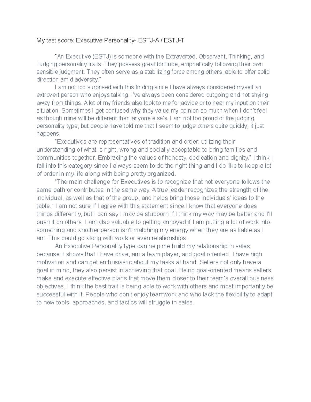 Sales Personalilty test Ben Hay - My test score: Executive Personality ...