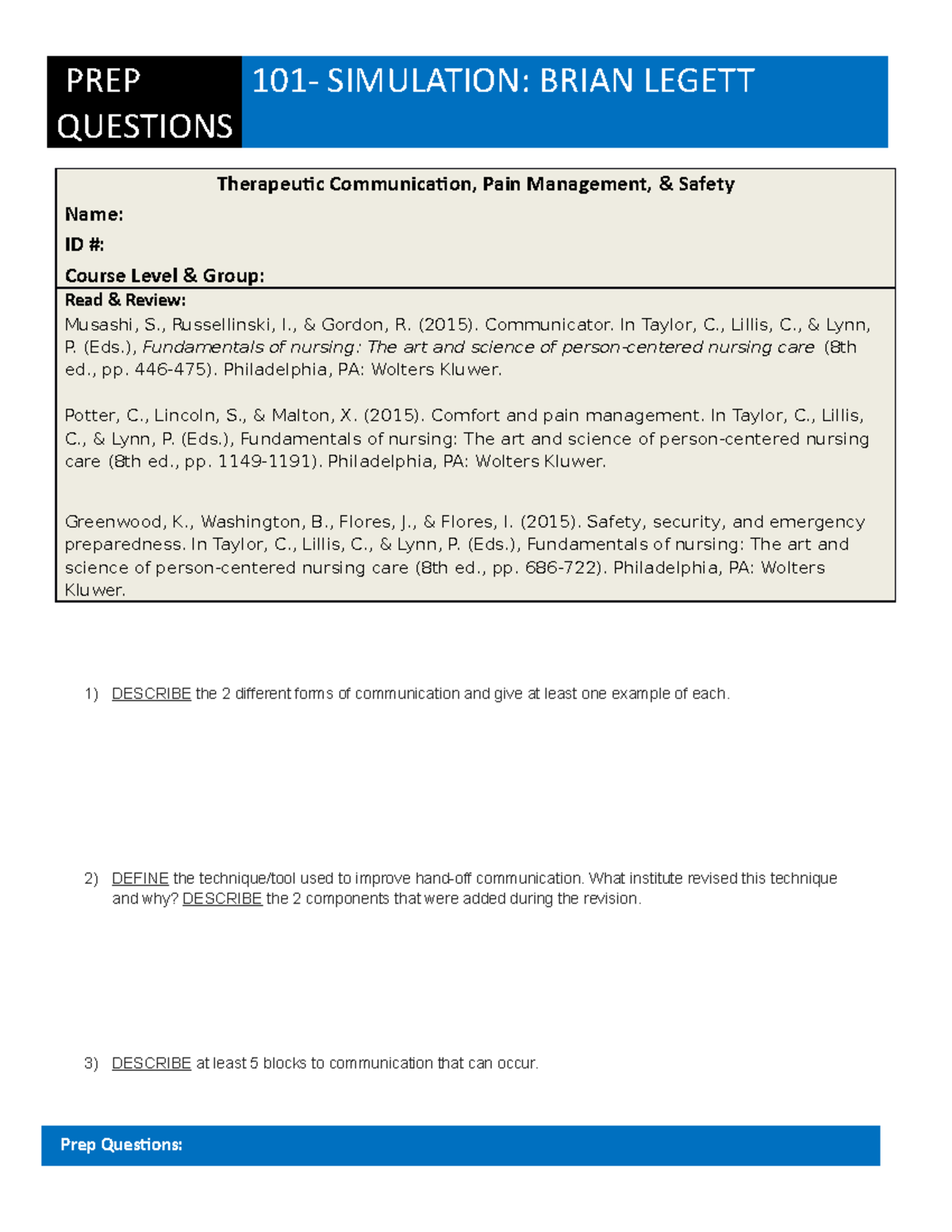 101L Prep Work #2 Brian Legett 051719 - NURS101L - WCU - Studocu