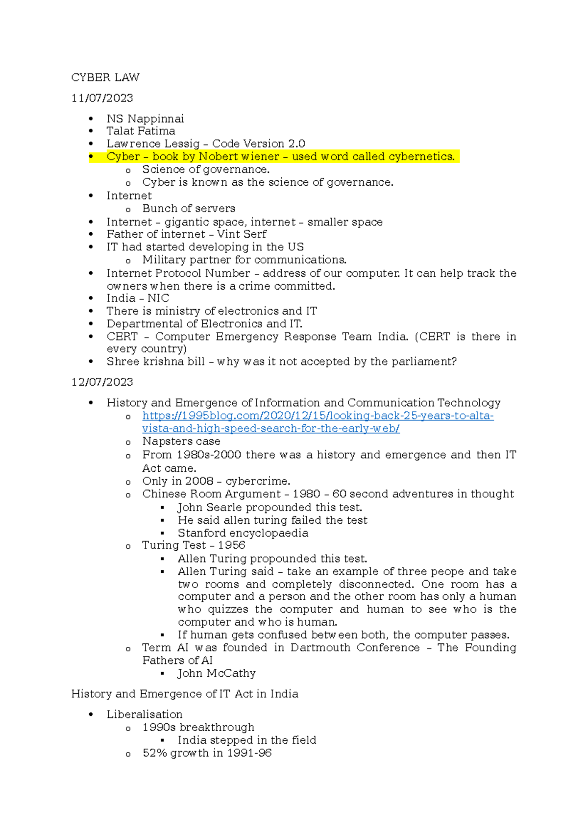 Cyber LAW - CYBER LAW 11/07/ NS Nappinnai Talat Fatima Lawrence Lessig ...