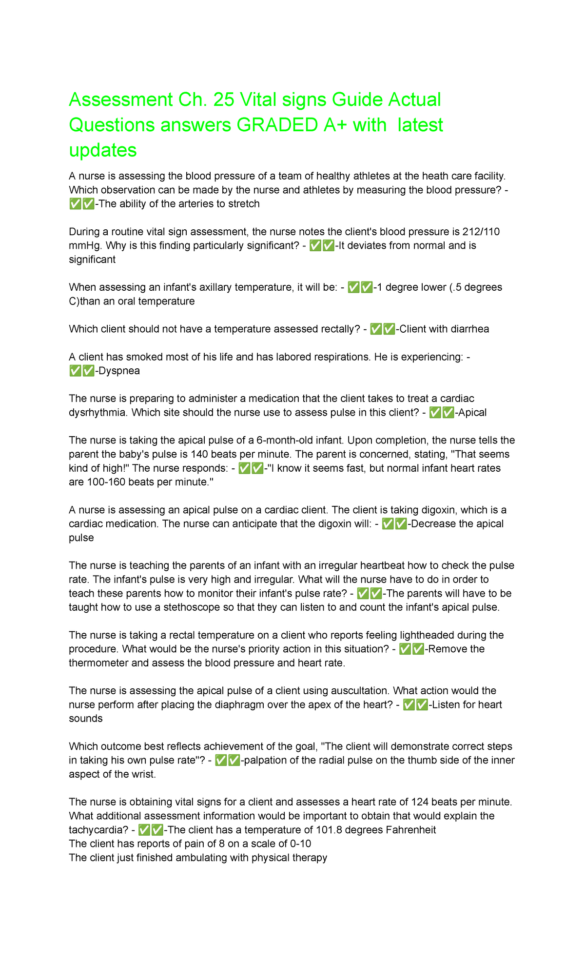 Assessment Ch. 25 Vital signs Guide Actual Questions answers Graded A+ ...