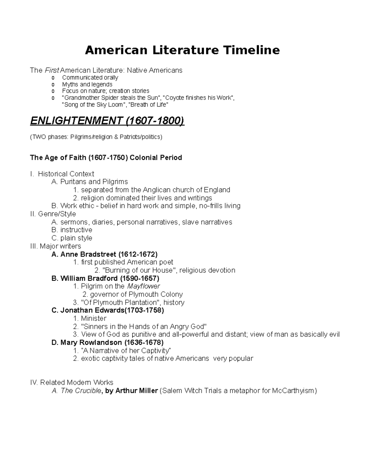 Am Lit Timeline - American Literature Timeline The First American ...
