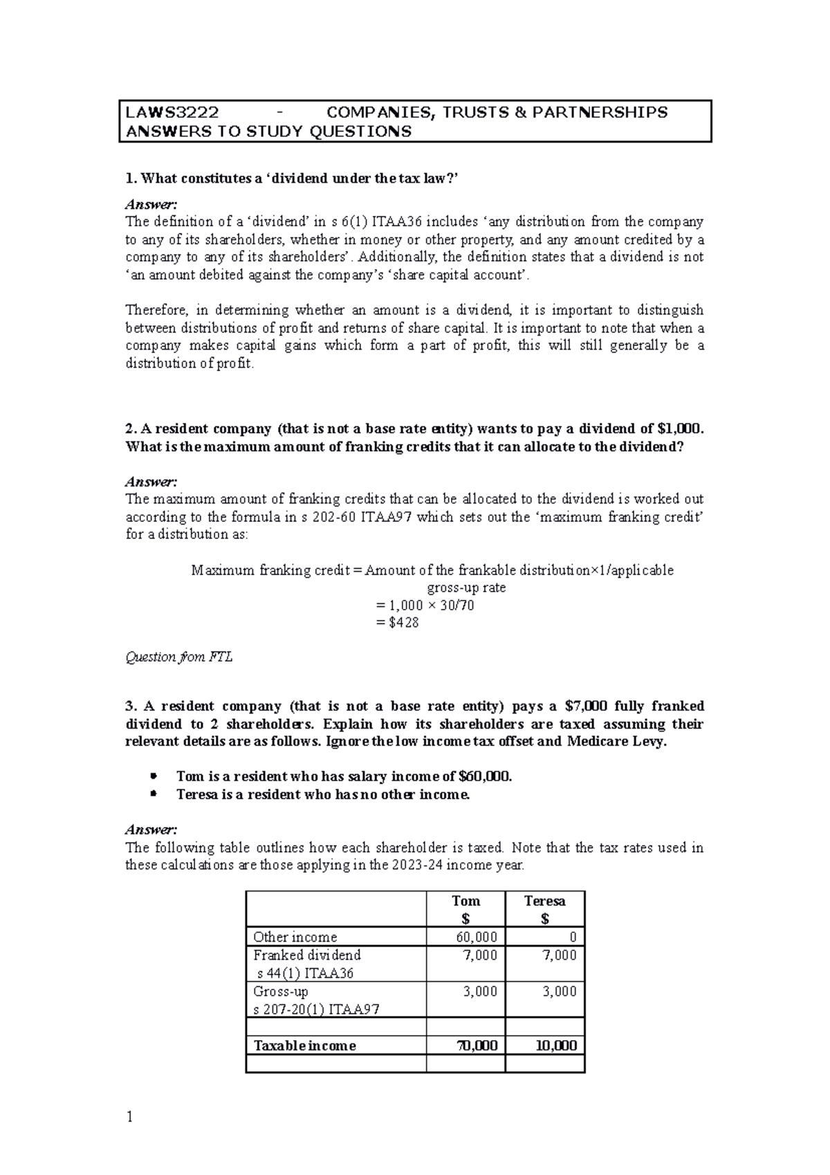 Module 10 - Study question answers - LAWS3222 - COMPANIES, TRUSTS ...