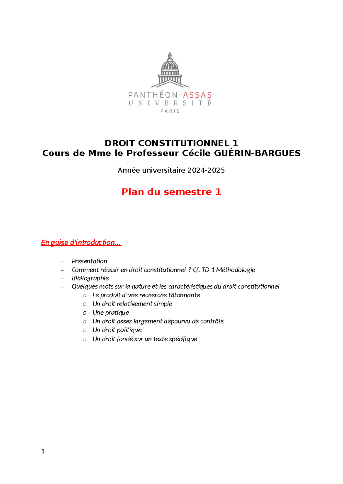 Plan DC 1 equipe 1 CGB - plan du cours CGB - DROIT CONSTITUTIONNEL 1 Cours de Mme le Professeur ...