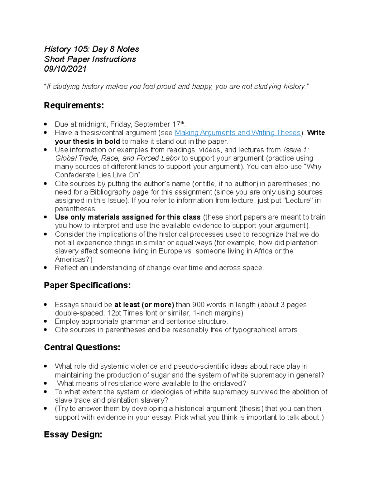 History 105 Day 8 Notes [Short Paper Instructions] - History 105: Day 8 ...