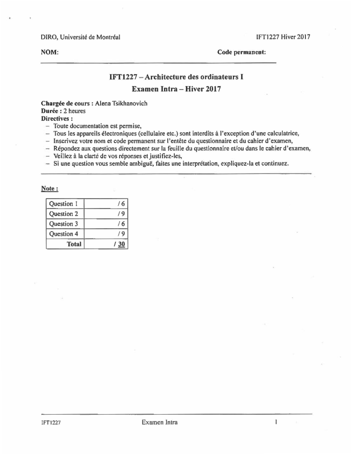 Midterm exam - 2017 - DIRO, Université de Montréal IFT1227 Hiver NOM ...