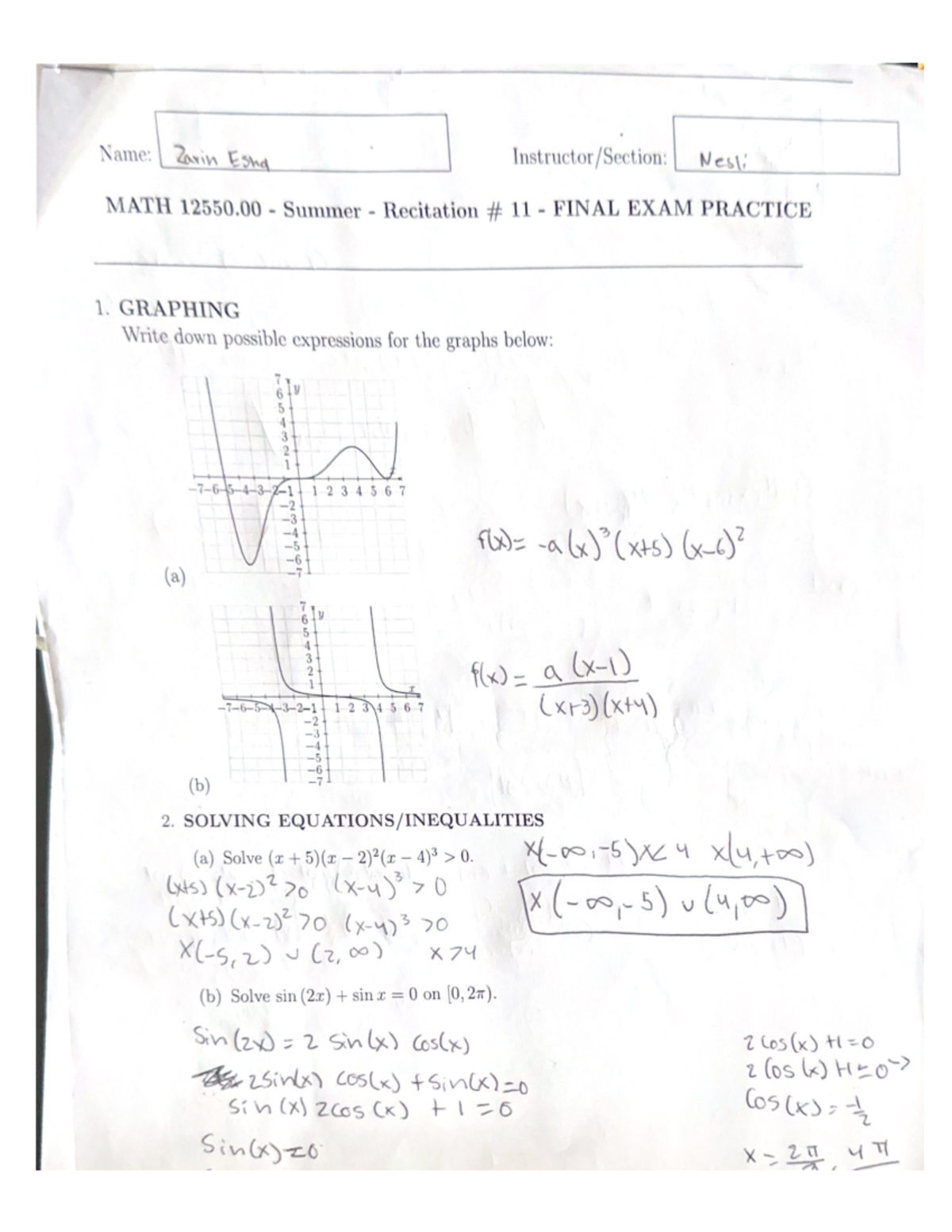 MATH 125 50.00 - Summer - Recitation # 11 - Final EXAM Practice - Name ...