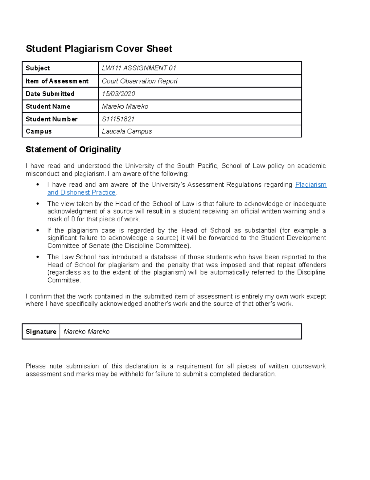 Mareko LW111 Final Assignment 01 - Student Plagiarism Cover Sheet Subject LW111 ASSIGNMENT 01 ...