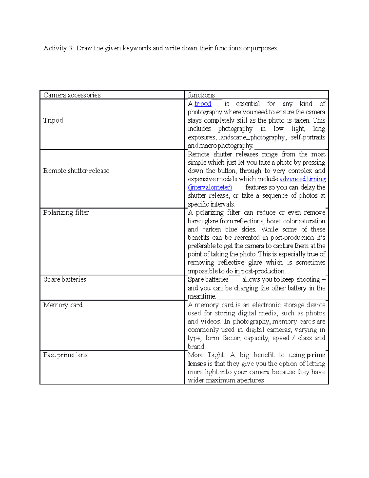 Unit 4 acitivity 3 - Camera Accessories and functions - Activity 3 ...