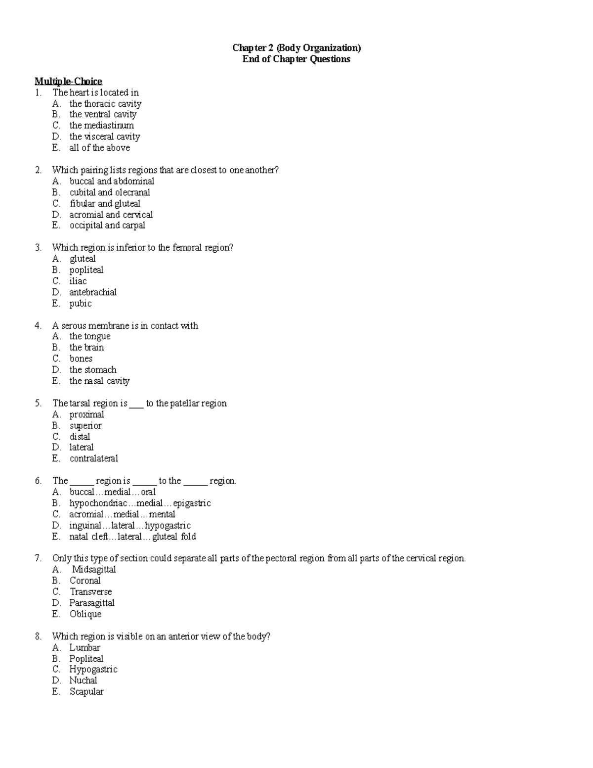 Chapter 2 (Body Organization) EOC Questions - BIO 2401 - Baylor ...